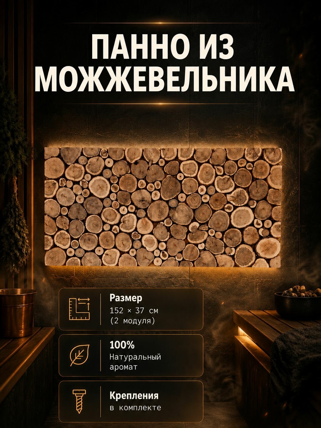 Панно из можжевельника для бани и сауны 152*37 см