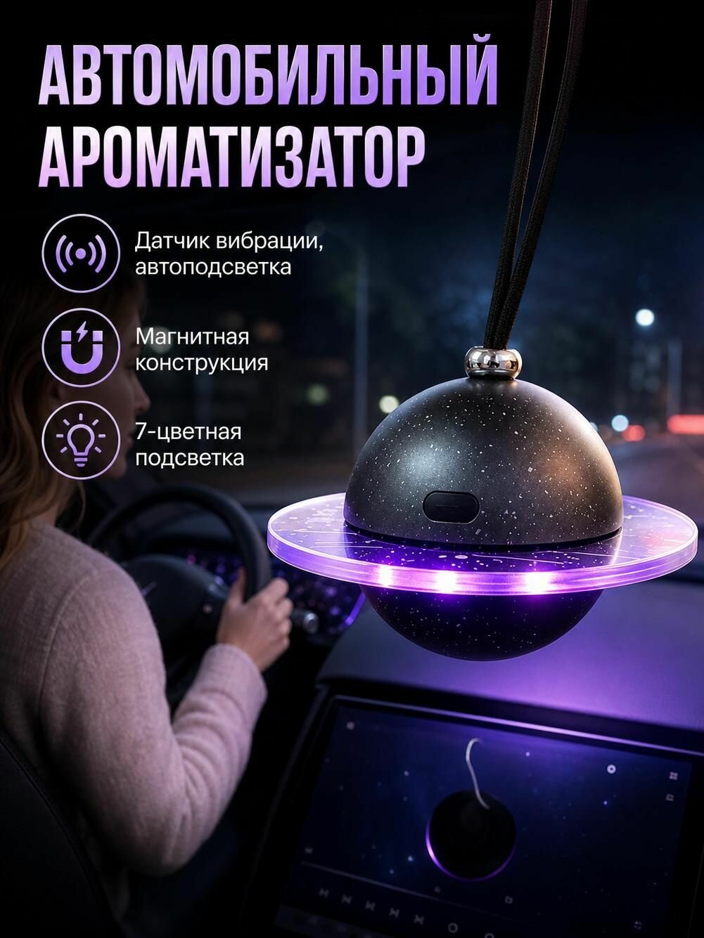 Автомобильный ароматизатор-подвеска в машину на зеркало заднего вида, LED подсветка 7 цветов, декоративный ароматизатор в виде планеты