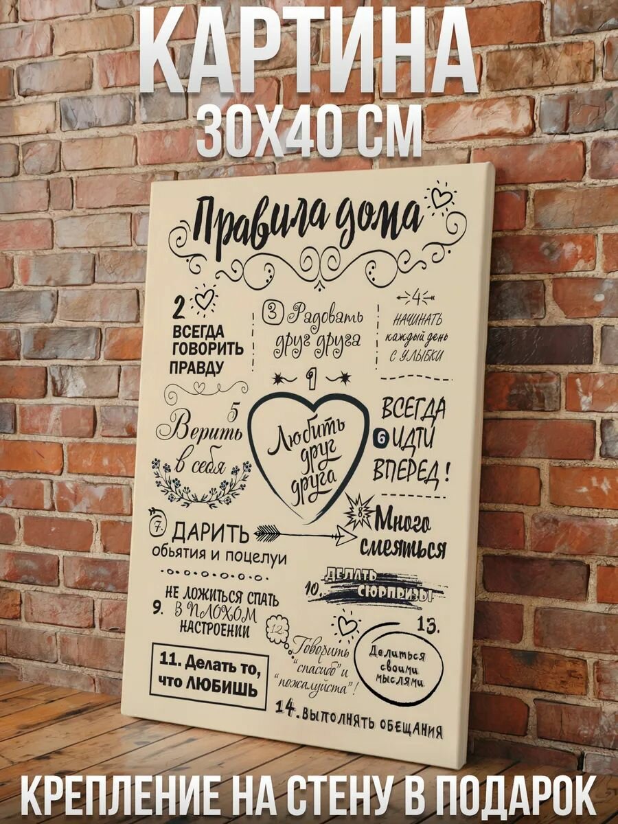 Большая картина на подрамнике - Постер 40х30см Правила дома