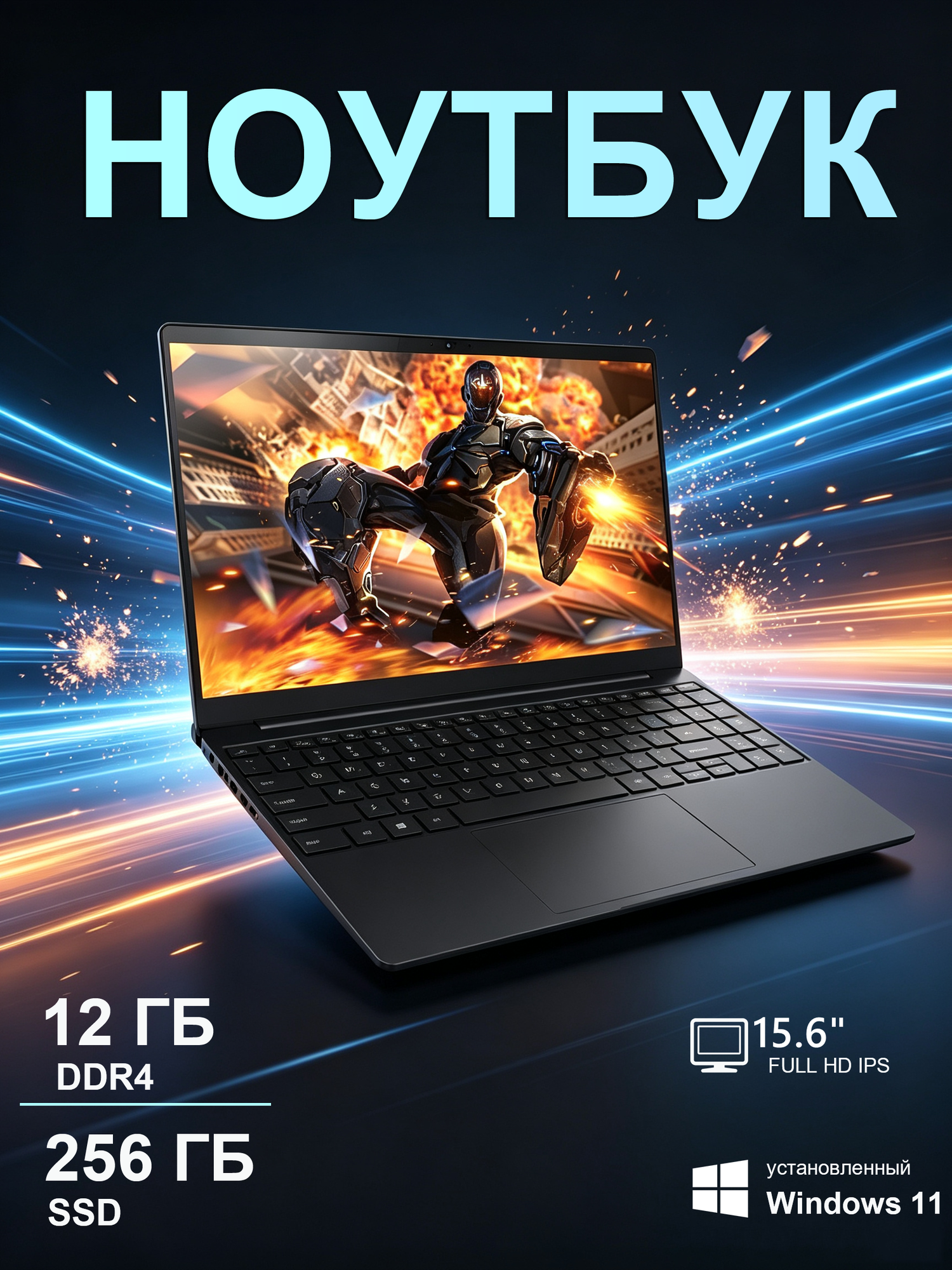 Ноутбук N4000 для игр и офисной работы 15.6"IPS RAM12 Гб SSD 256ГБ, WiFi 6,1920*1080, Русский, черный