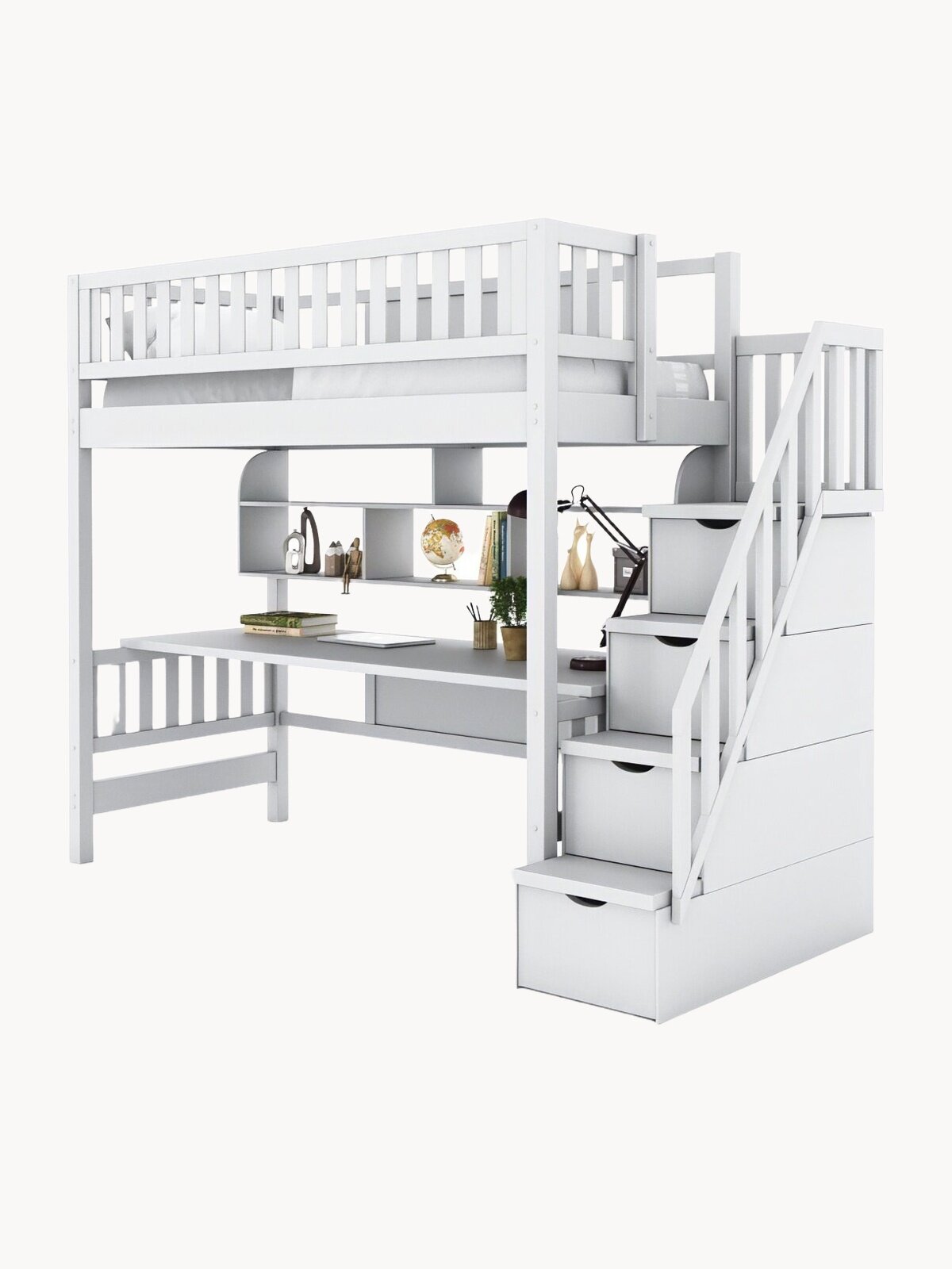 Кровать-чердак Лейла №1, спальное место 90х200, столешница и полка, цвет Беленый дуб.