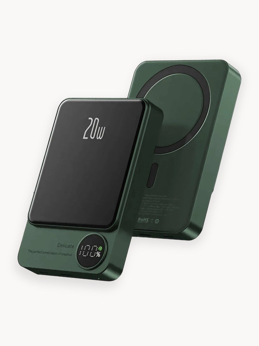 Повербанк для iPhone 10000 mAh 20 Ватт, внешний аккумулятор, power bank на айфон, беспроводная зарядка на айфон зеленый