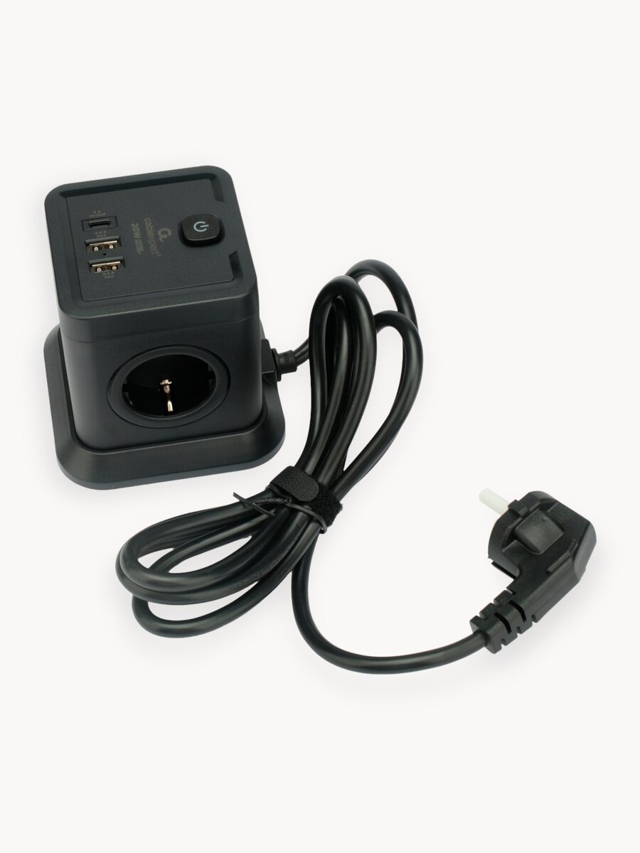 Сетевой фильтр Cablexpert Tower черный 4 розетки 10А 1xType-C 20Вт 2хUSB 2 метра с заземлением выключателем и защитными шторками защиты 2+ TWR-4-CU2-B-2