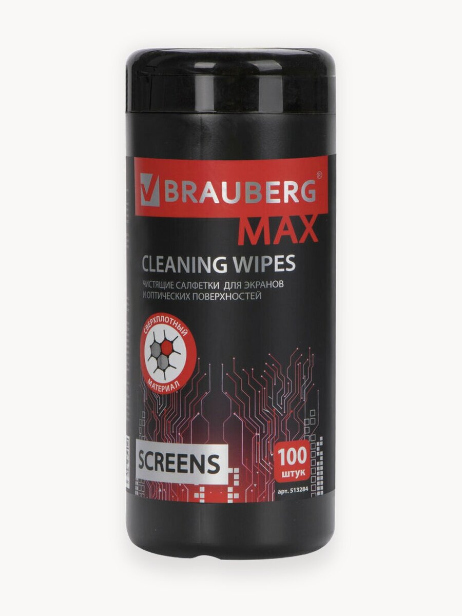 Салфетки для экранов всех типов и оптики Brauberg Max Плотные, туба 100 шт, влажные, 513284