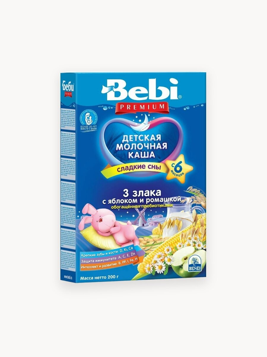 BEBI PREMIUM Каша для сладких снов 3 злака с Яблоком, Ромашкой с Молоком {с 6 мес.} 200г