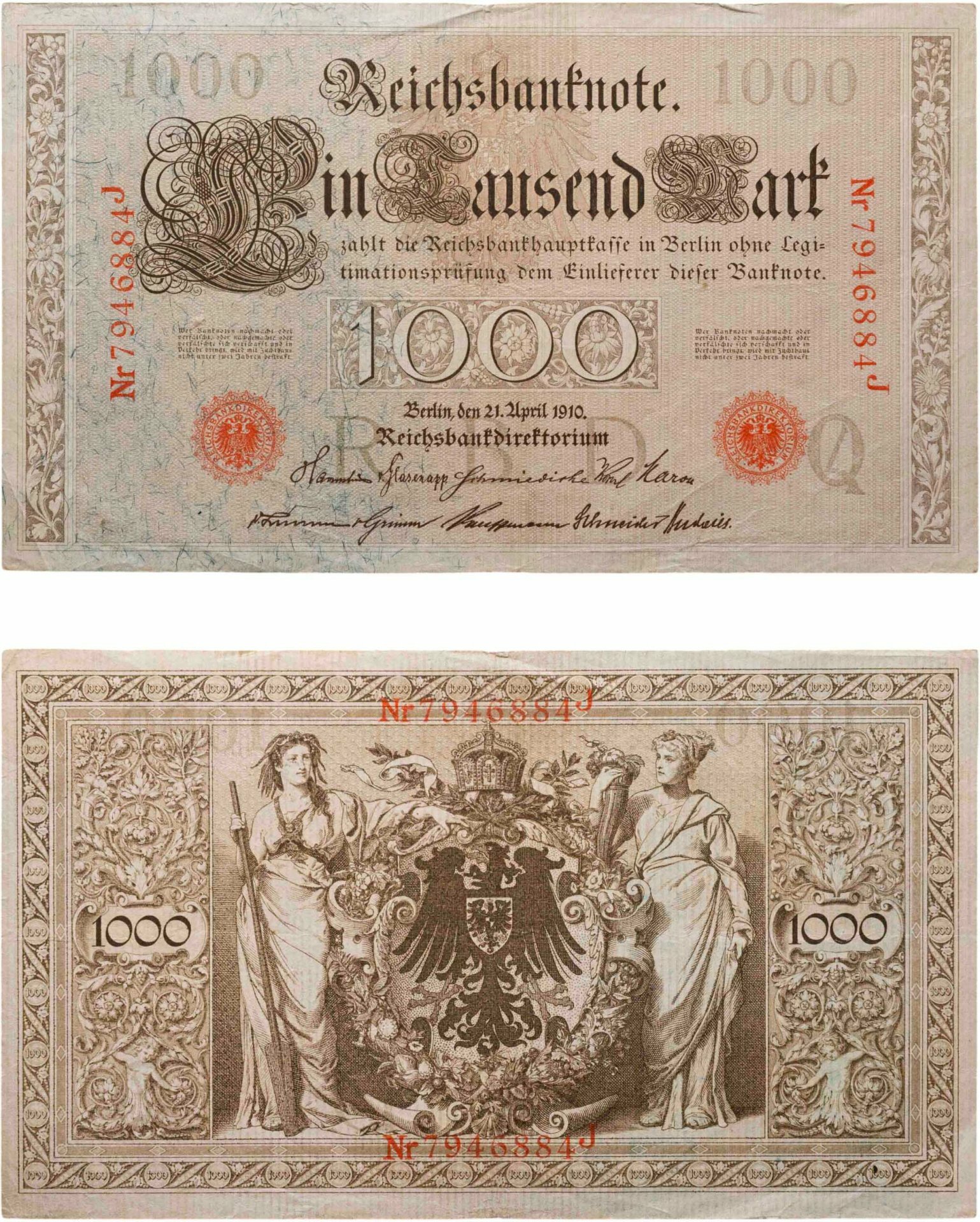 Германия 1000 марок 1910 красная печать