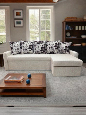 Угловой диван-кровать "Мартин", Еврокнижка, бежевая рогожка - принт цветы, угол правый