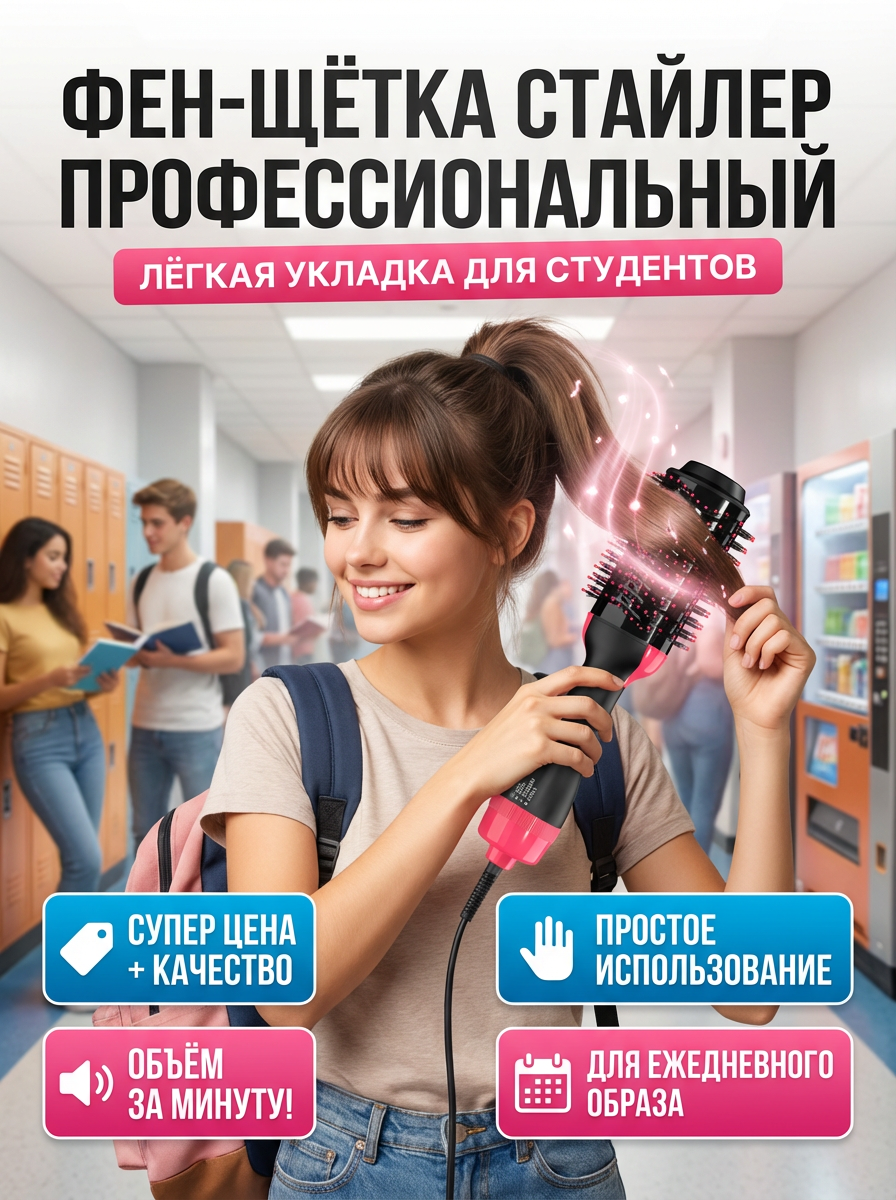 Фен-щетка для волос 3 в 1, Термощетка, Выпрямитель для волос, Стайлер, Расческа