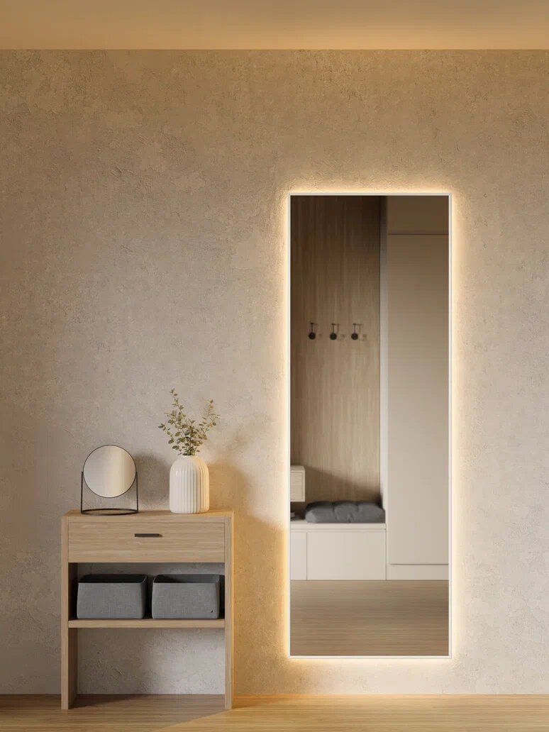 Зеркало с подсветкой в алюминиевой раме настенное ONE MIRROR 180х60см. Свет: Теплый белый 3000К. Белое