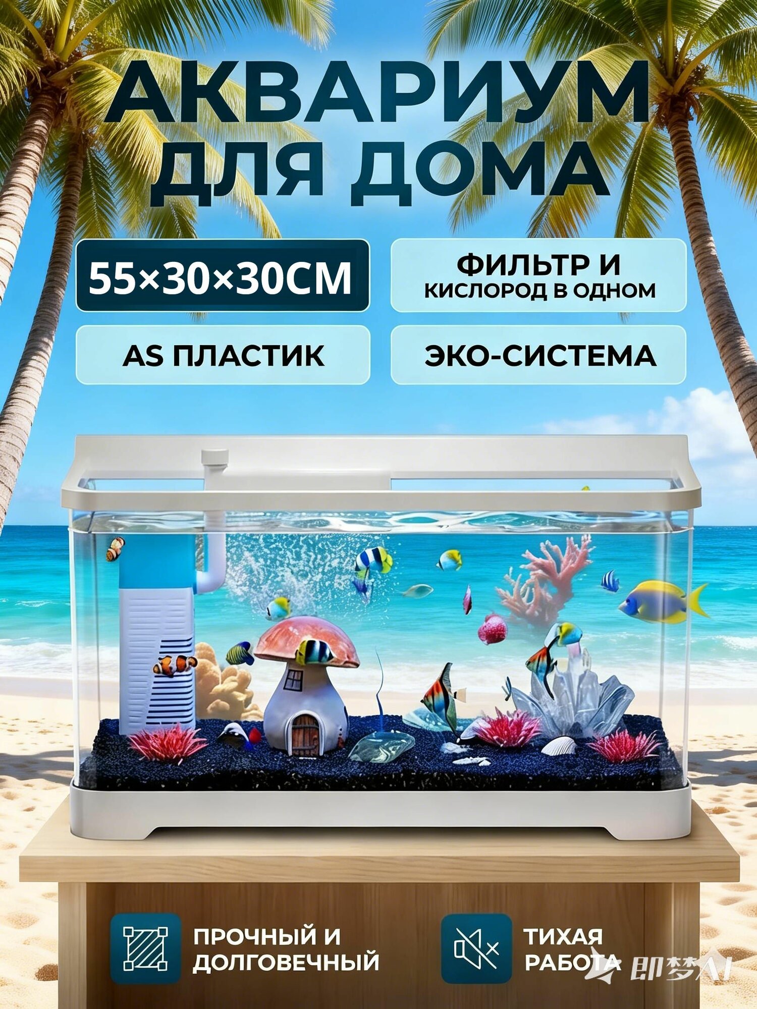 Аквариум с фильтром и подсветкой . Белый.
