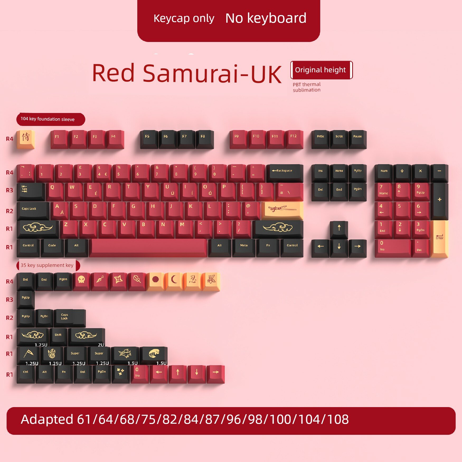 Красные кейкапы Red Samurai (оригинал), совместимые с GMK, для японской, корейской, немецкой, французской, испанской