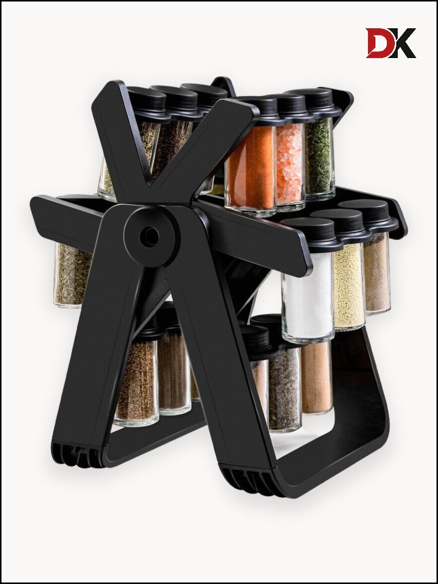 Органайзер для специй, 18 емкостей, вращающаяся подставка-карусель, ABS/PP/стекло, черный