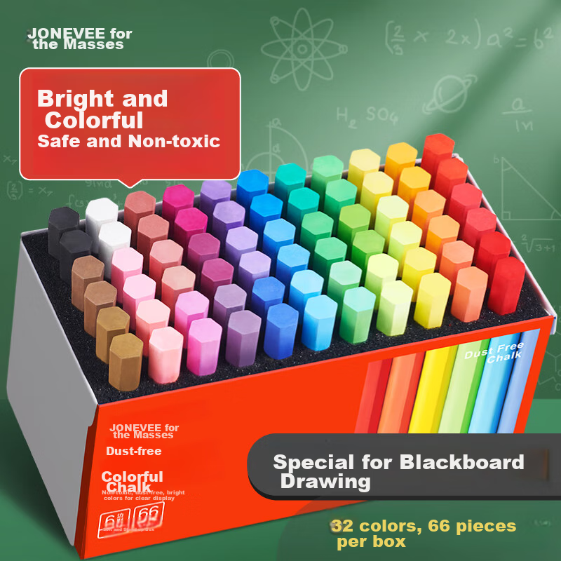 JONEVEE Colored Chalk Hexagonal Non-Toxic Dustless Chalk for Blackboard, Bulletin Board, Drawing, Teaching, Children, 32 Colors, 66 Pieces/box, ZWCK-6663