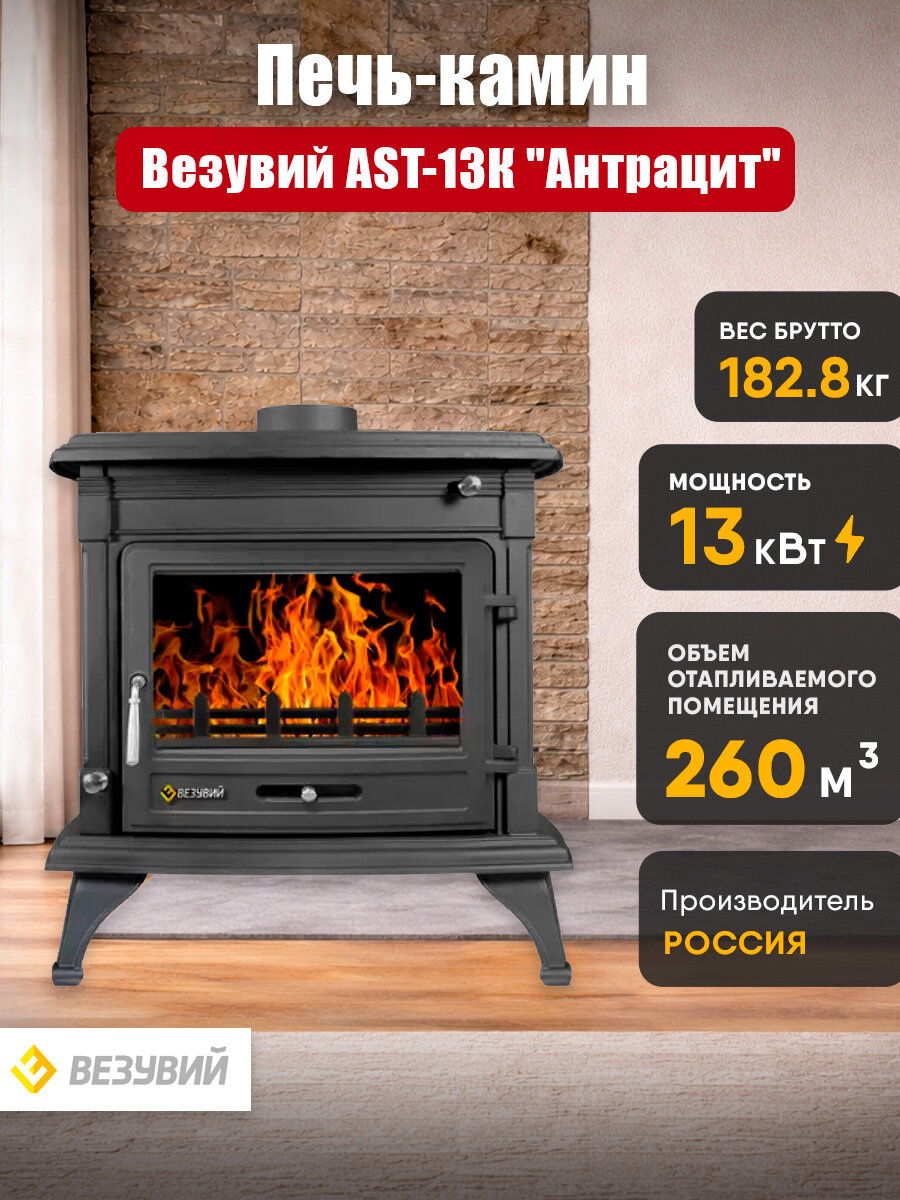 Печь-камин чугунная Везувий AST-13К "Антрацит" для дома пристенная