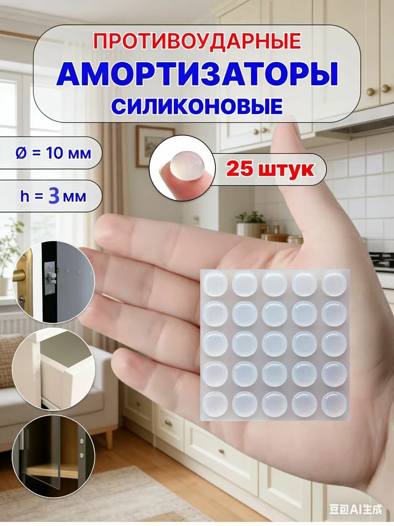 Силиконовые накладки на мебель 25шт, демпфер для мебели, амортизатор силиконовый 10х3мм