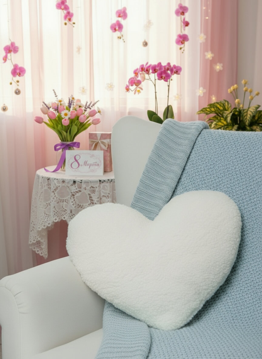 Подушка декоративная Timpuh "Сердце", плюшевая, молочно-бежевая, 40 см х 36 см