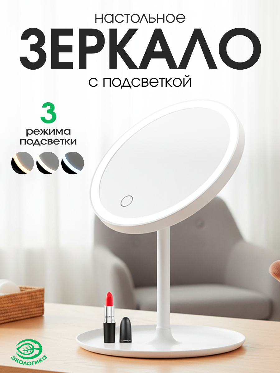 Зеркало косметическое экологика круглое, с подсветкой белое, пластик