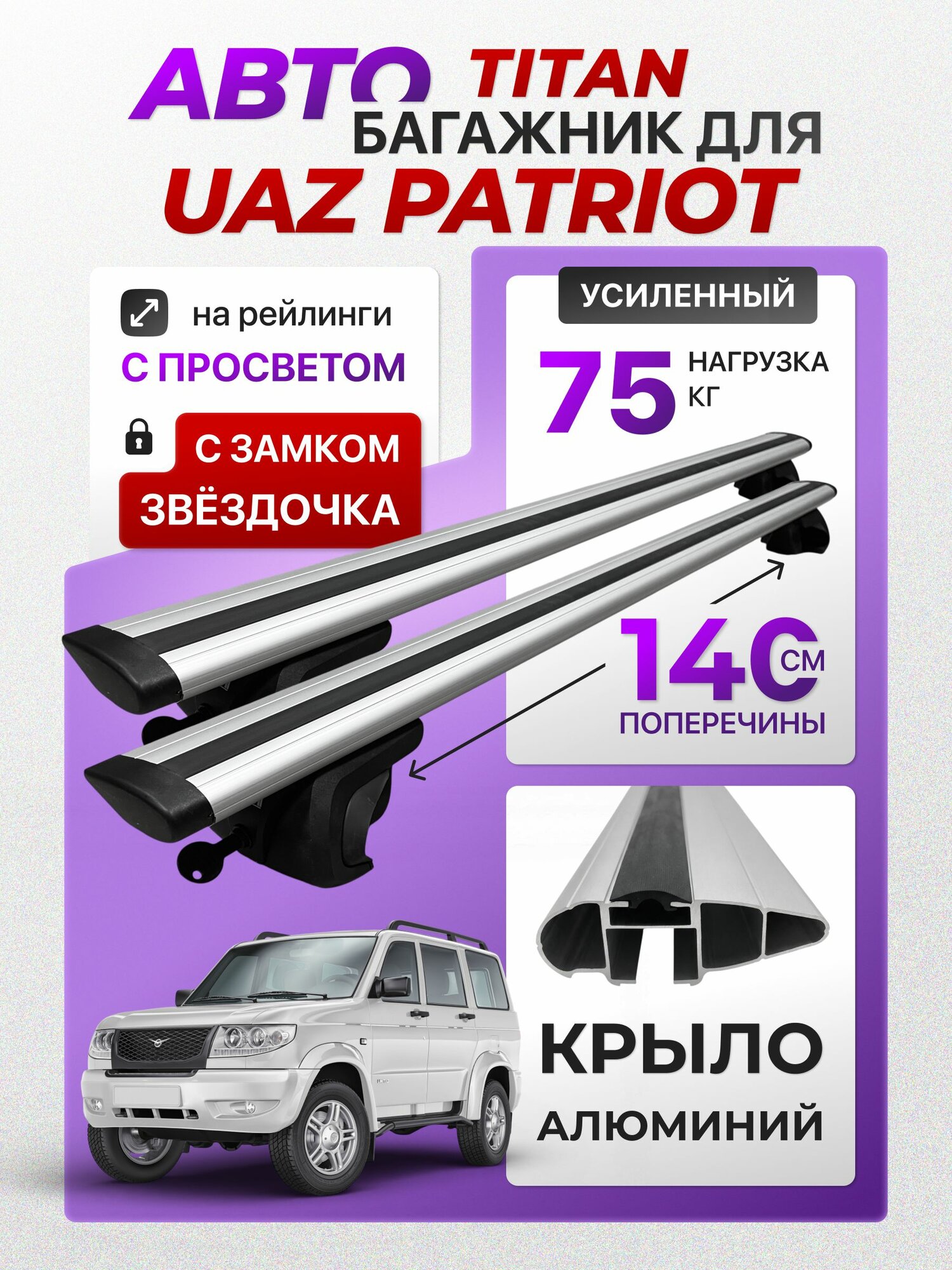 Багажник для UAZ Patriot, Titan-140 крыло, на рейлинги с просветом, (поперечины и упоры)