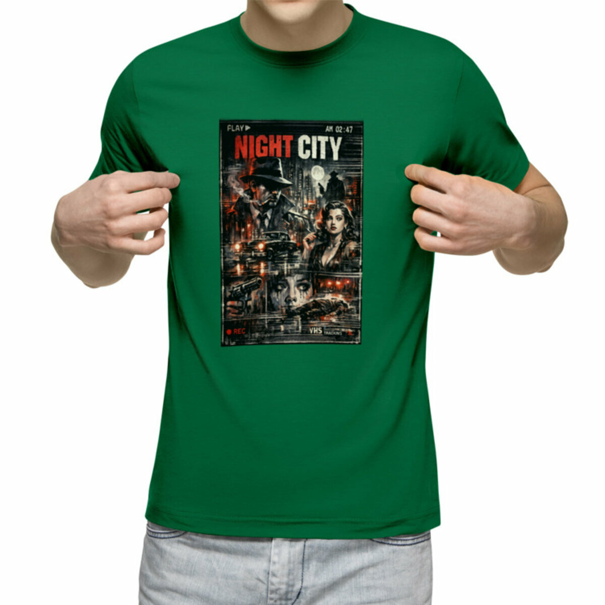 Мужская футболка «Night city в стиле нуар» (зеленый, XL)