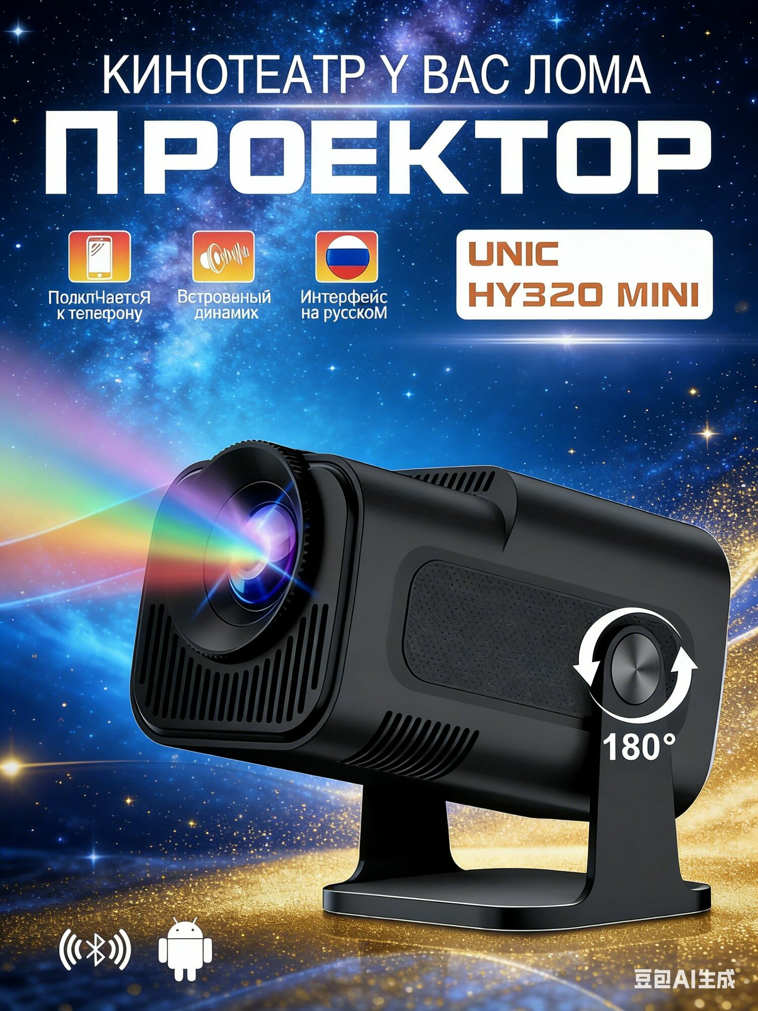 Проектор "HY320 MINI", для фильмов, с телефона, домашний, мини, LED, 30Вт, 1LCD, 200лм, чёрный