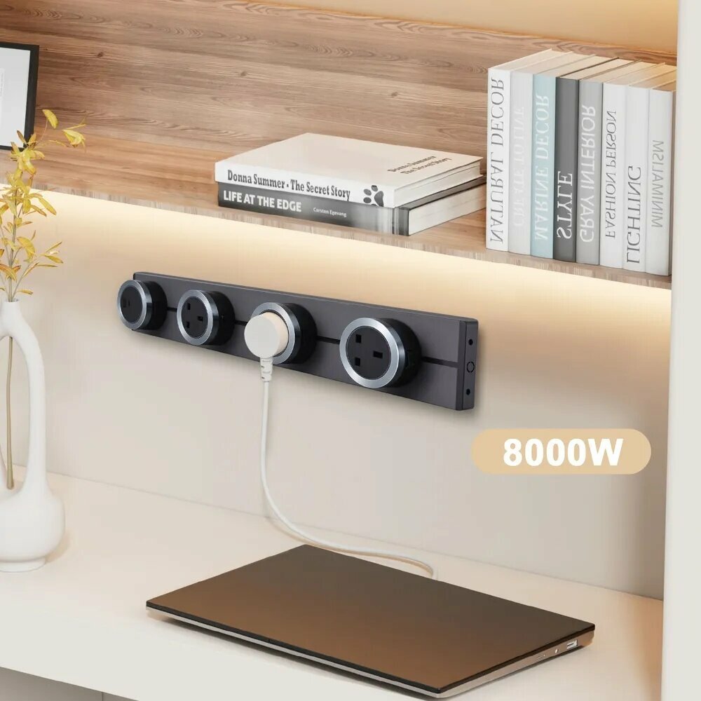 Адаптер-розетка для силовой рейки с USB-A и USB-C, 18W быстрая зарядка, синяя LED подсветка, алюминиевая рамка, серо-голубой (SP5)