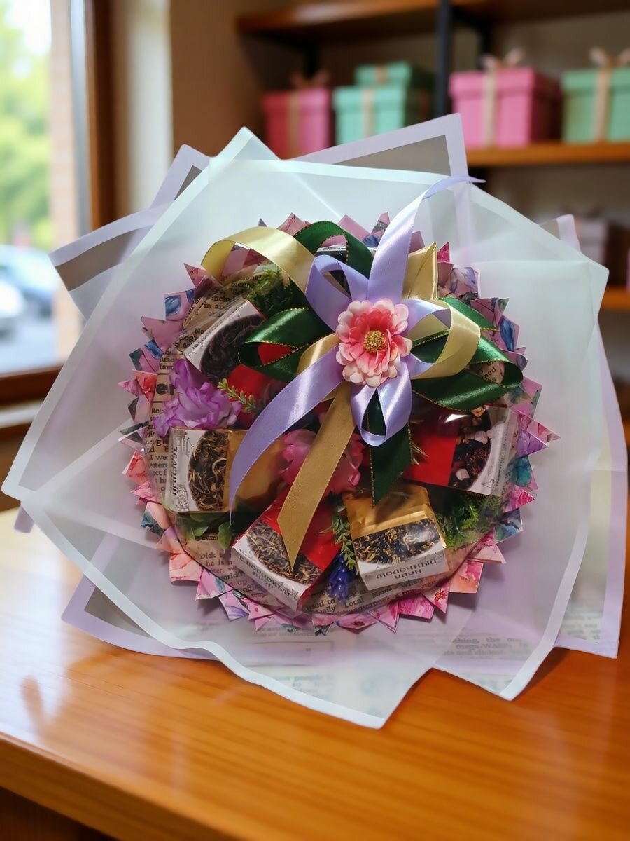 Букет из чая, чайный букет 7 видов чая х 20гр фиолетовый