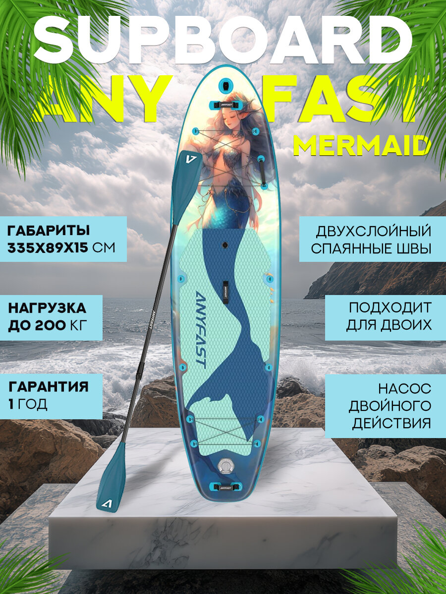 Надувной двухслойный сапборд Anyfast Mermaid 335-89-15 см, цвет голубой