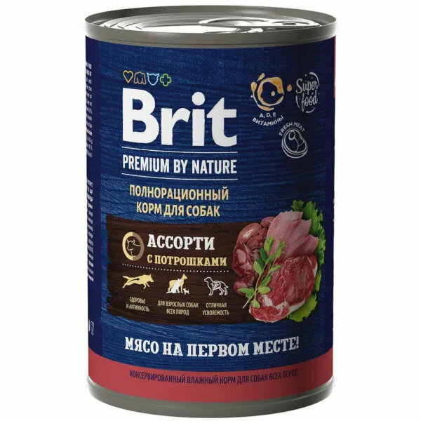 BRIT PREMIUM BY NATURE, Консервы с мясным ассорти и потрошками для собак всех пород, 410г