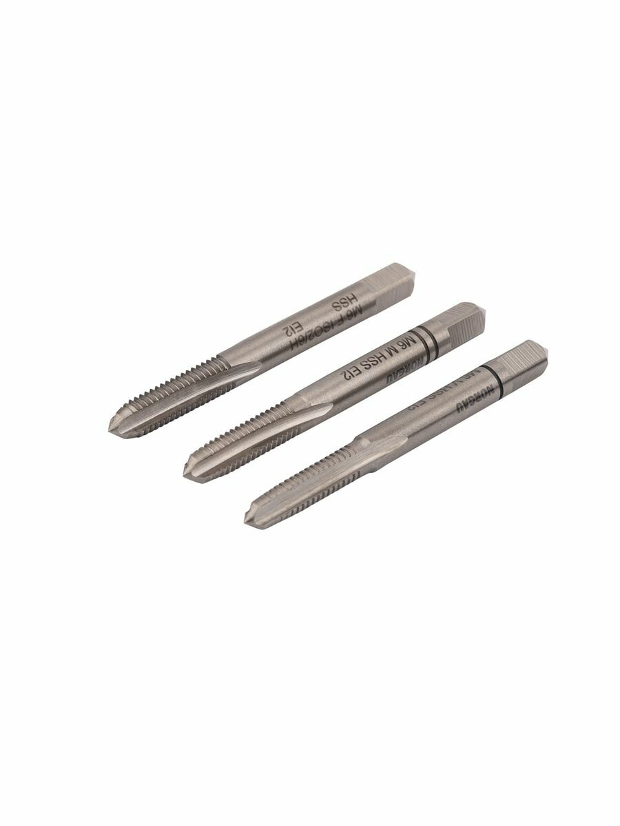 Набор метчиков NORGAU Industrial M 6 из HSS-G (W6% Mo5%), по стали, чугуну и цветным металлам, 3 предмета.