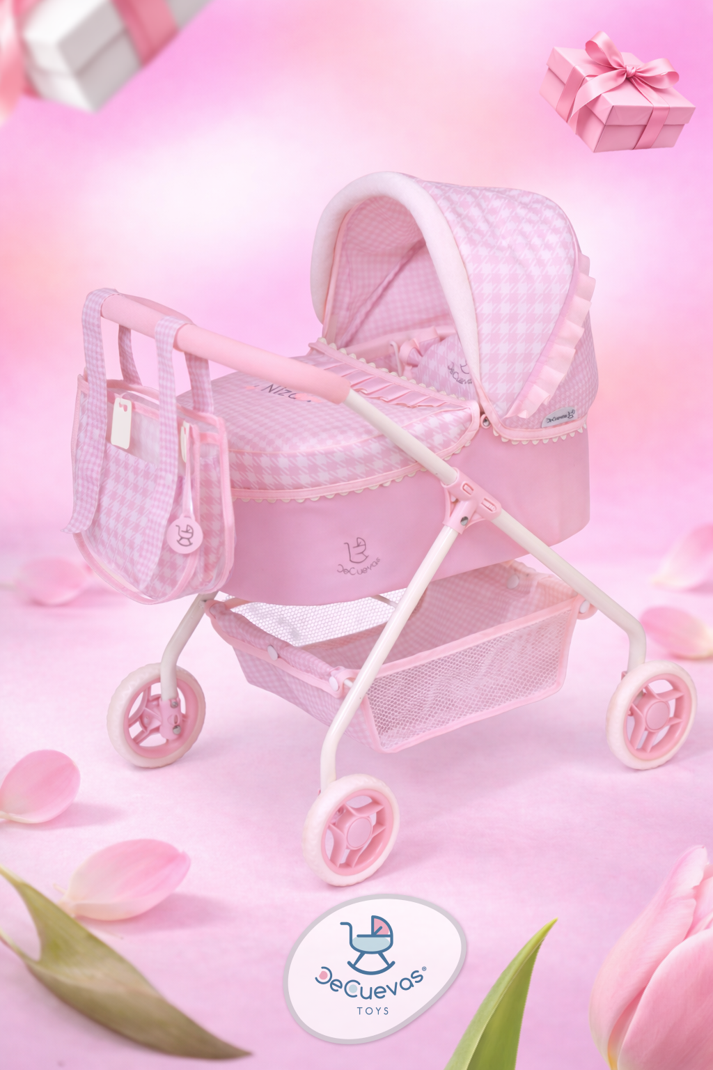 Коляска для кукол люлька DeCuevas Toys 86046, с аксессуарами съемной прозрачной сумкой и зонтом, высота ручки 56 см, серия Ницца, классический дизайн