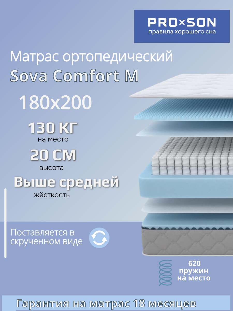 Матрас ортопедический PRO×SON SOVA Comfort M, 180×200 см, высокая жёсткость