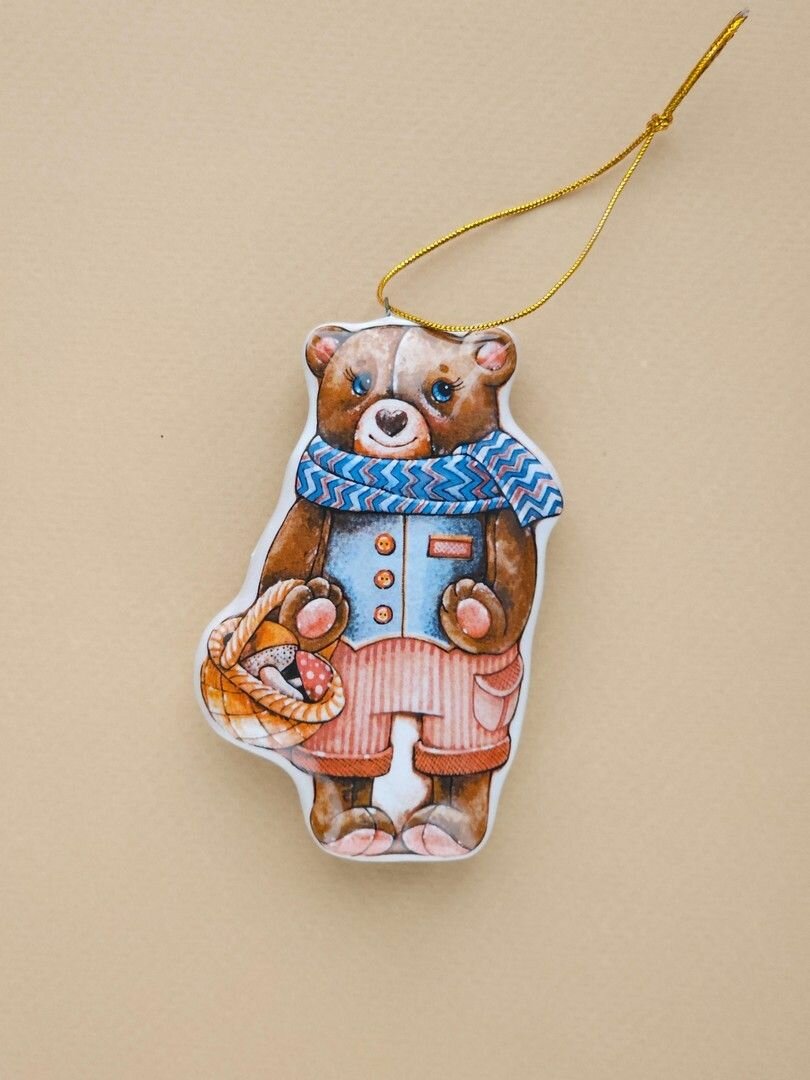 Ёлочная игрушка "Плюшевый мишка". Ярославская майолика. Керамика ручной работы. Сделано в России.