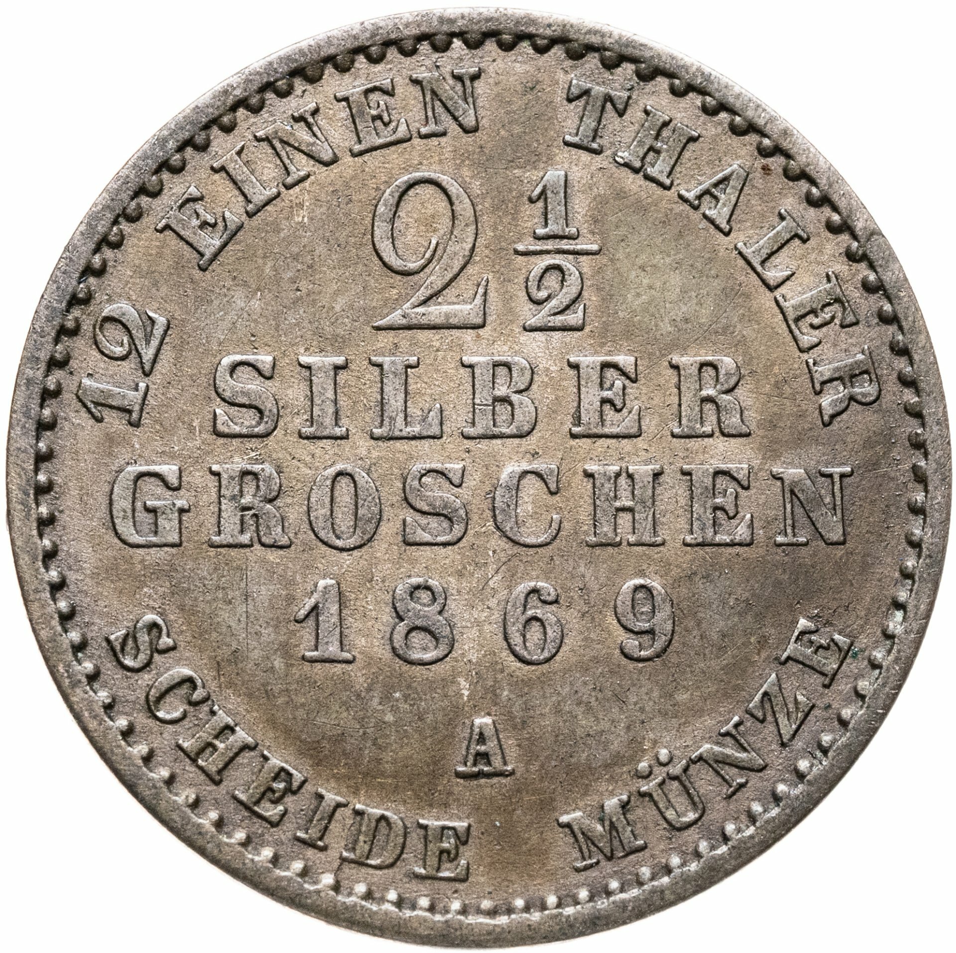 Германия Пруссия 2 1/2 серебряных гроша 1869, Серебро 375, в сохранности XF
