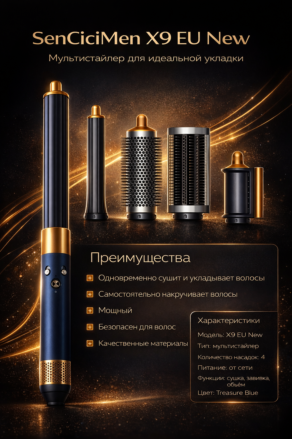 Мультистайлер SenCiciMen X9 Treasure Blue, 4 насадки, ионизация