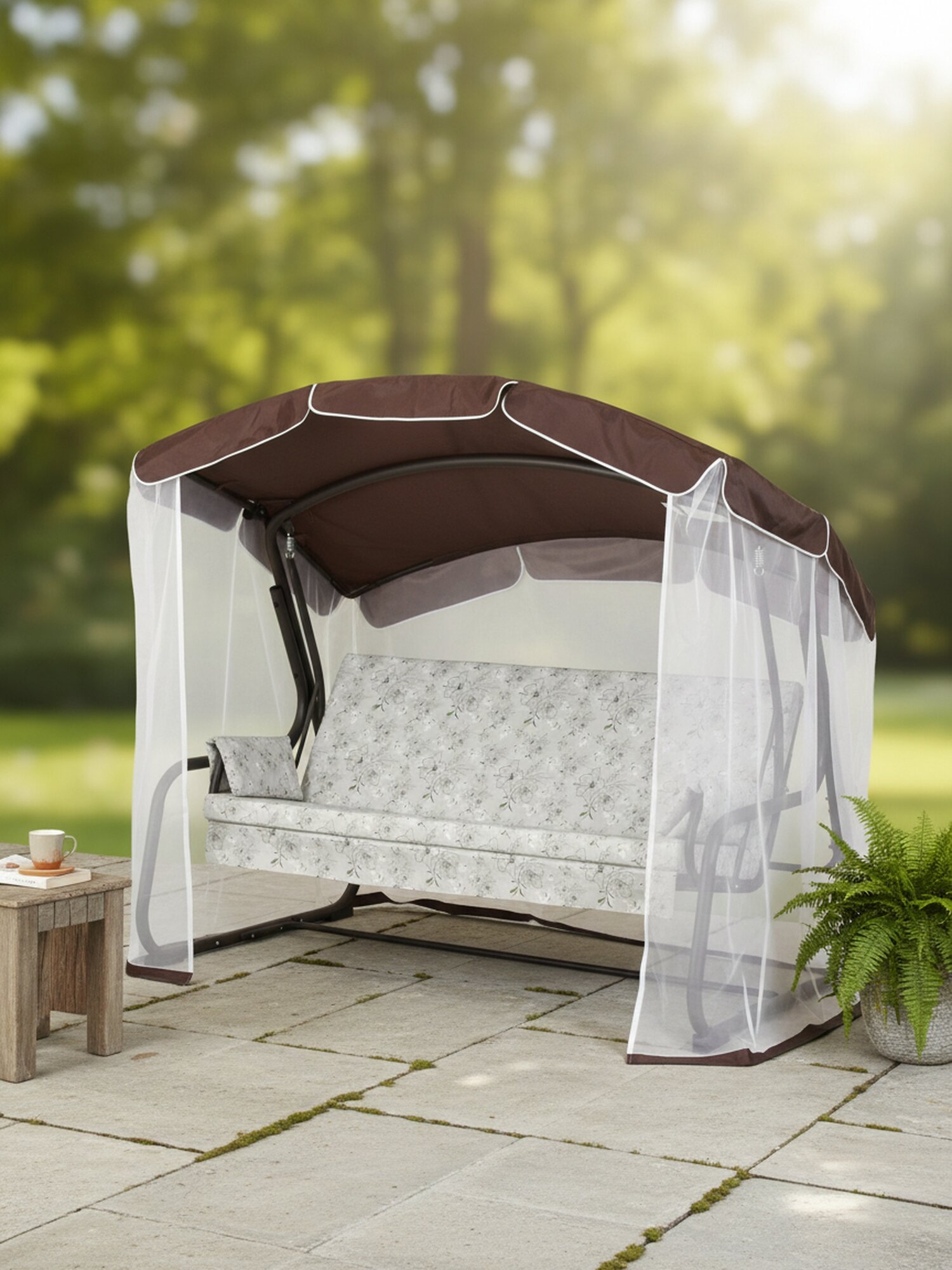 Качели садовые 3-местные Генуя, раскладываются в кровать, с москитной сеткой, коричневые, рисунок, 300 кг, металл