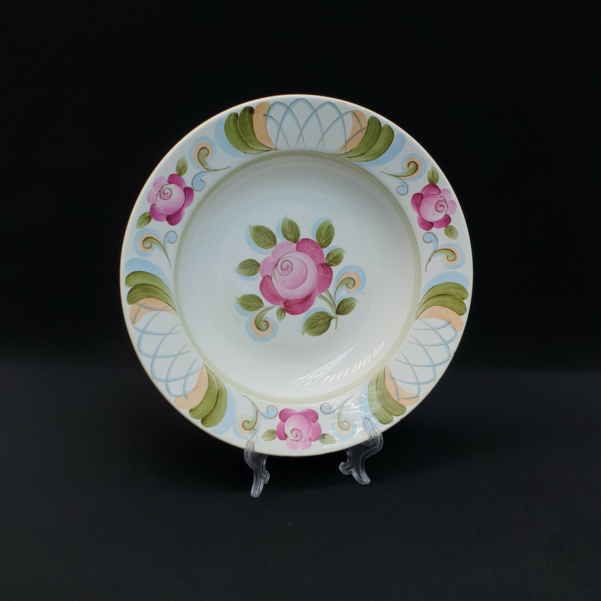 Винтажная суповая тарелка Конаково, фаянс роспись 24 см, дефекты, СССР