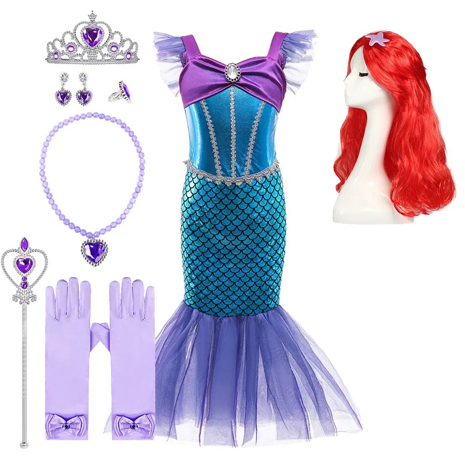 Женский костюм Русалочки, летнее платье принцессы Ариэль без рукавов, элегантная фатиновая Одежда для Хэллоуина