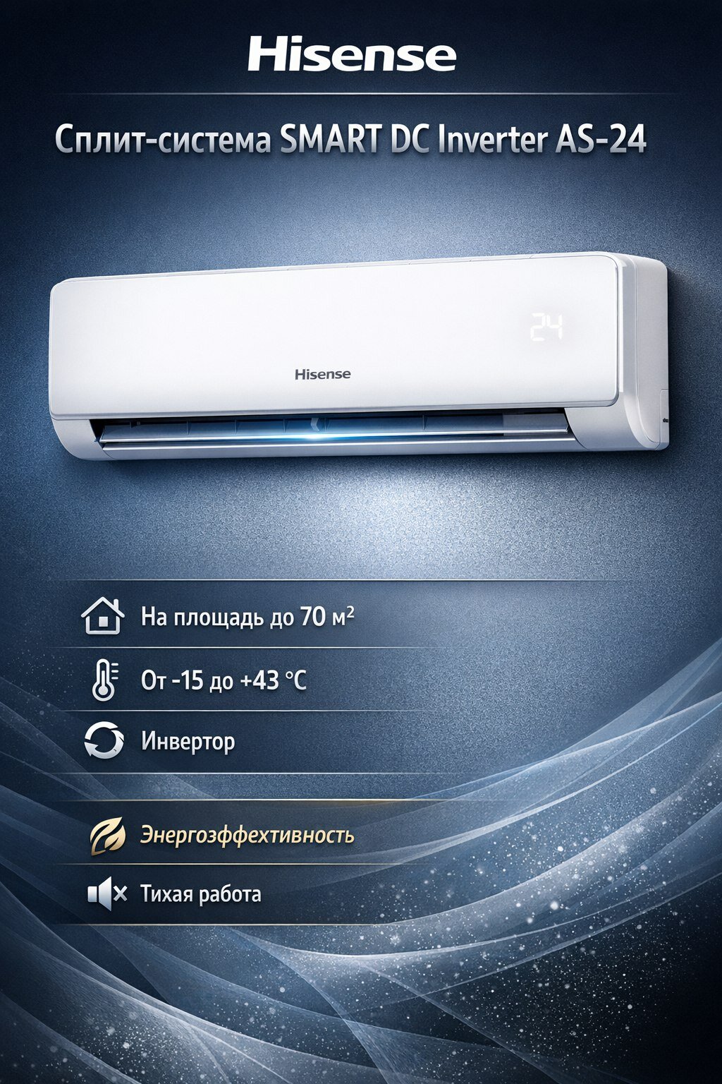 Сплит-система HISENSE SMART DC Inverter AS-24UW4RFBDB00, до 70 м2
