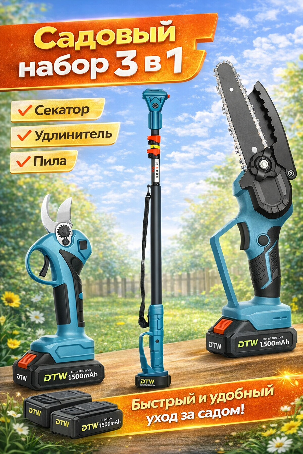 Аккумуляторный набор для сада 3в1, секатор/пила/штатив, 2 аккумулятора, синий