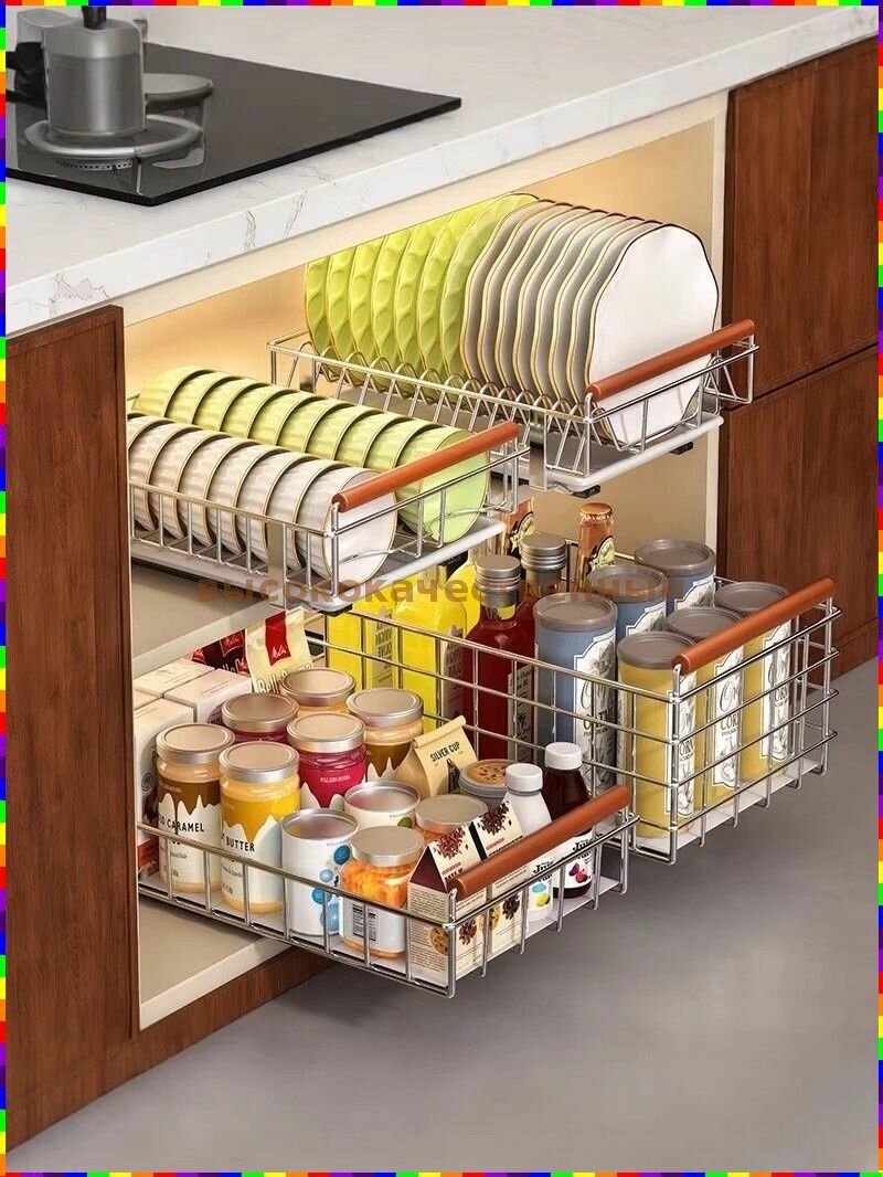 Выдвижной стеллаж из нержавеющей стали для хранения посуды