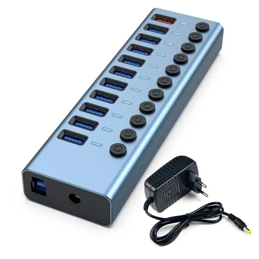 Хаб USB 3.0 алюминий с блоком питания 12V/3А / 11 портов