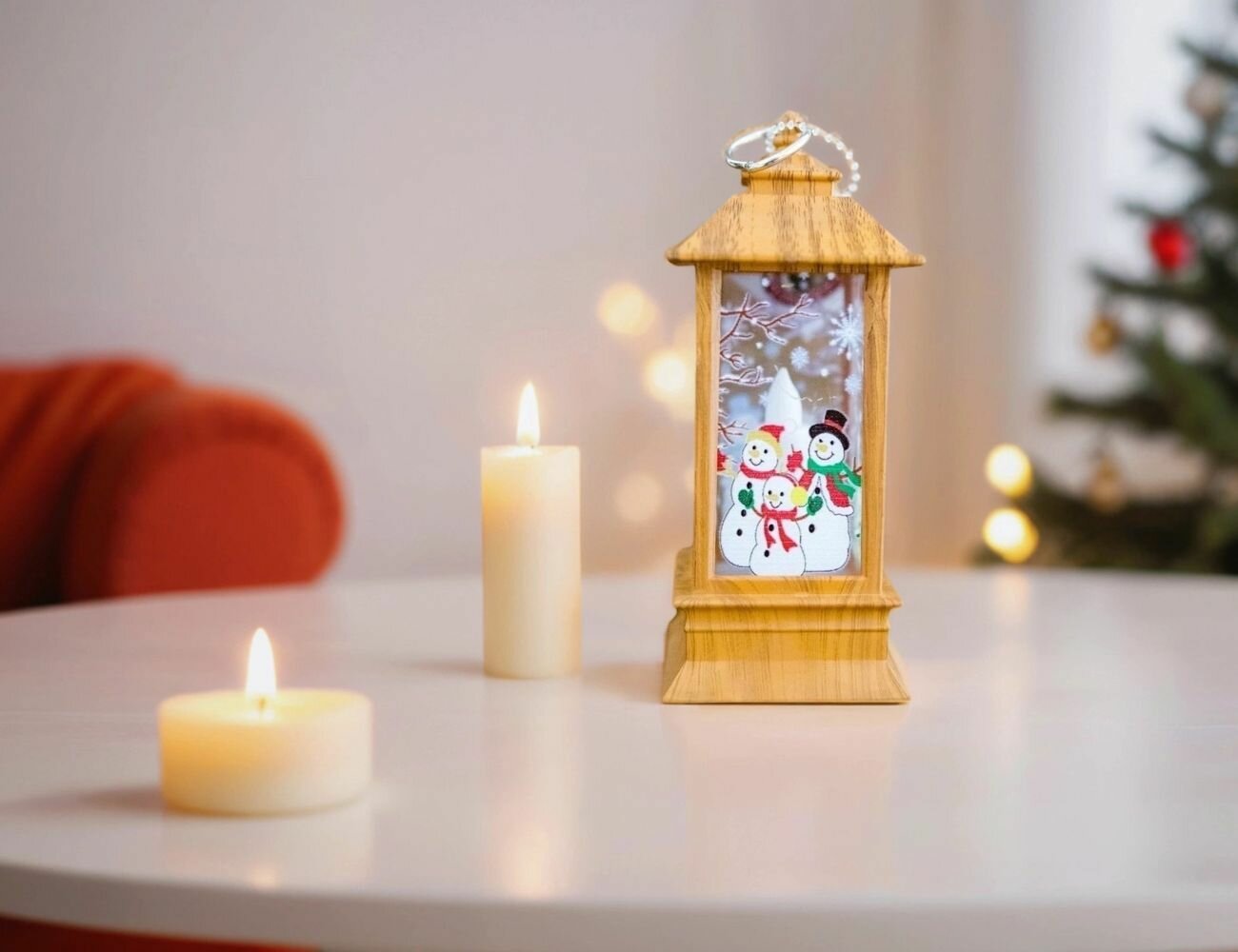 Светящаяся ёлочная игрушка фонарик со снеговиками В лесу, пластик, тёплый белый LED-огонь, 13 см, батарейки, Sigro 54-0079-2