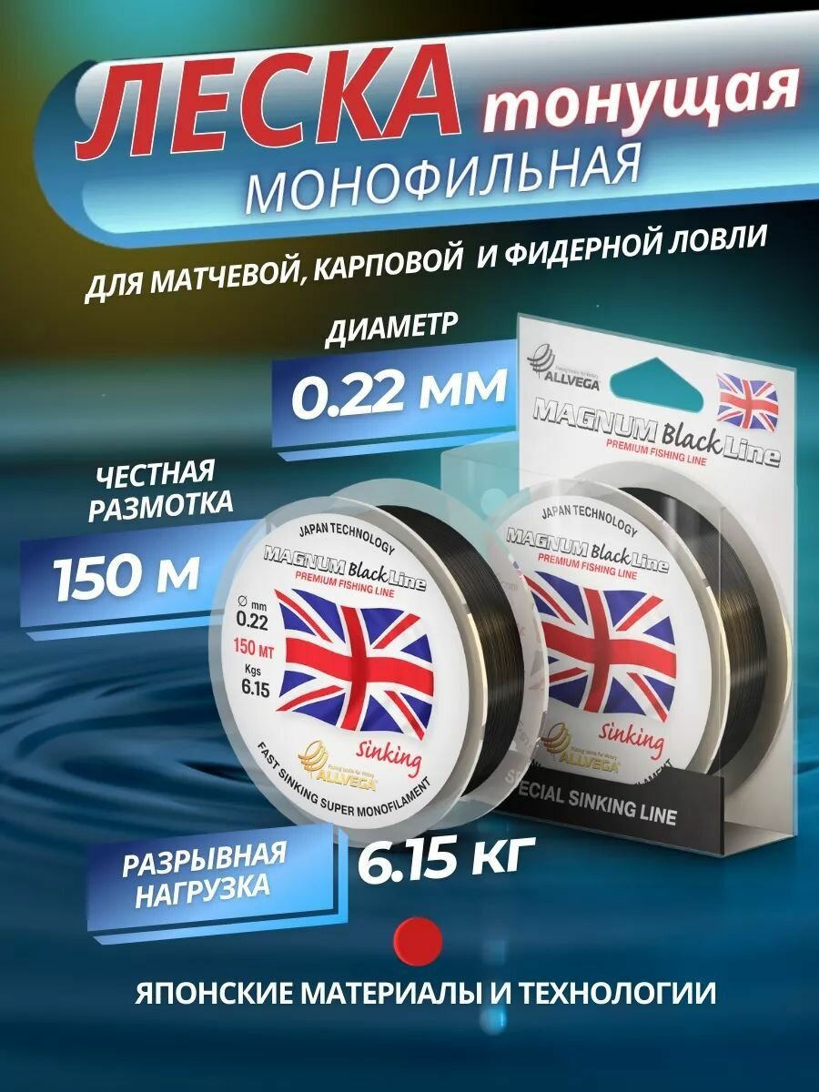 Леска для рыбалки 150м, 0,22мм, 6,15кг черная, тонущая
