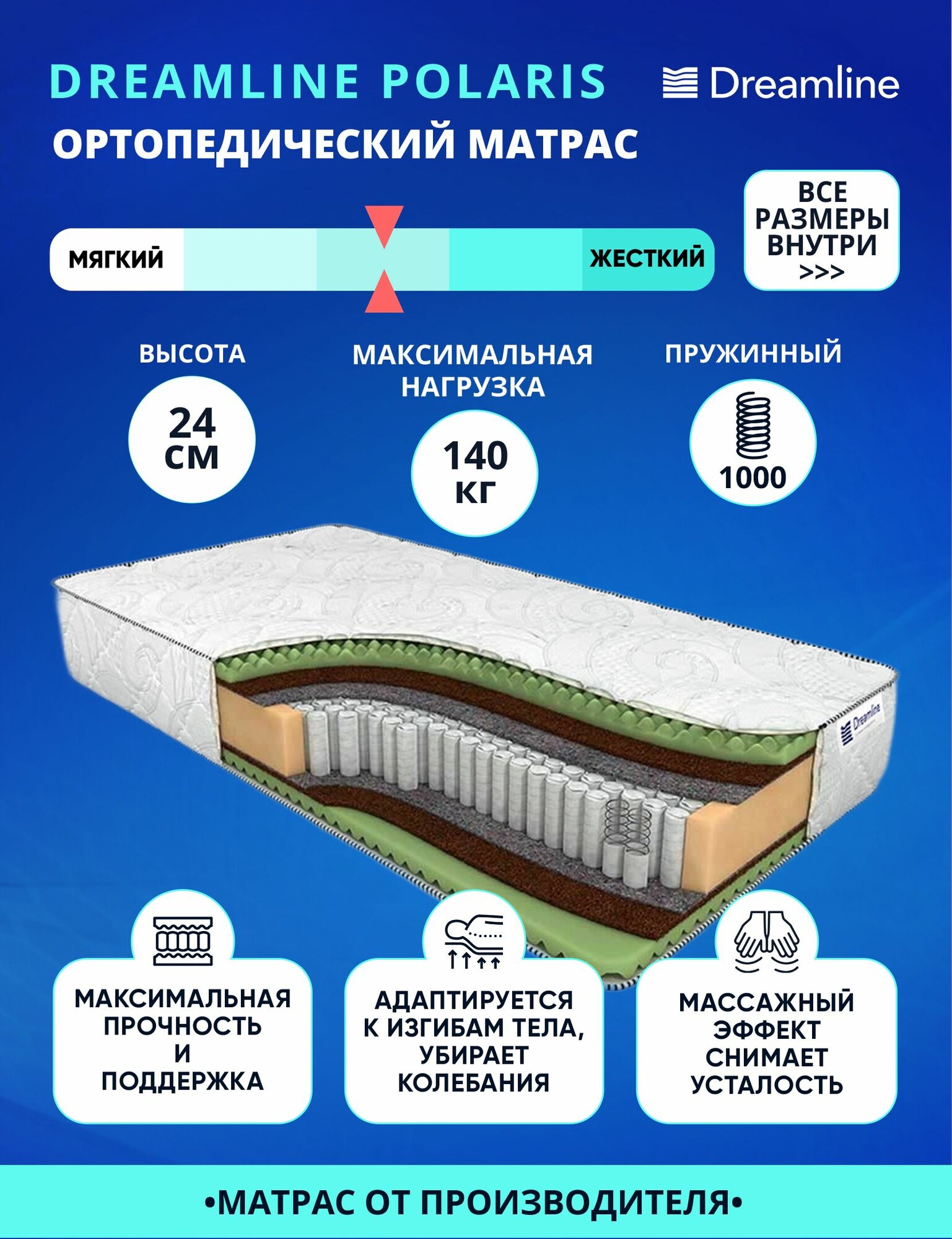 Матрас Dreamline Polaris 70х180 серии Lux высота 24 см анатомический средней жесткости кокосовый Независимые пружины