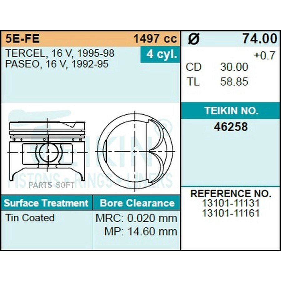 Поршень (STD/ к-т 4 шт) Toyota Caldina (T190) 92-02 / Corolla 91-02 5EFE;5EFHE TEIKIN 46258 STD | цена за 1 шт