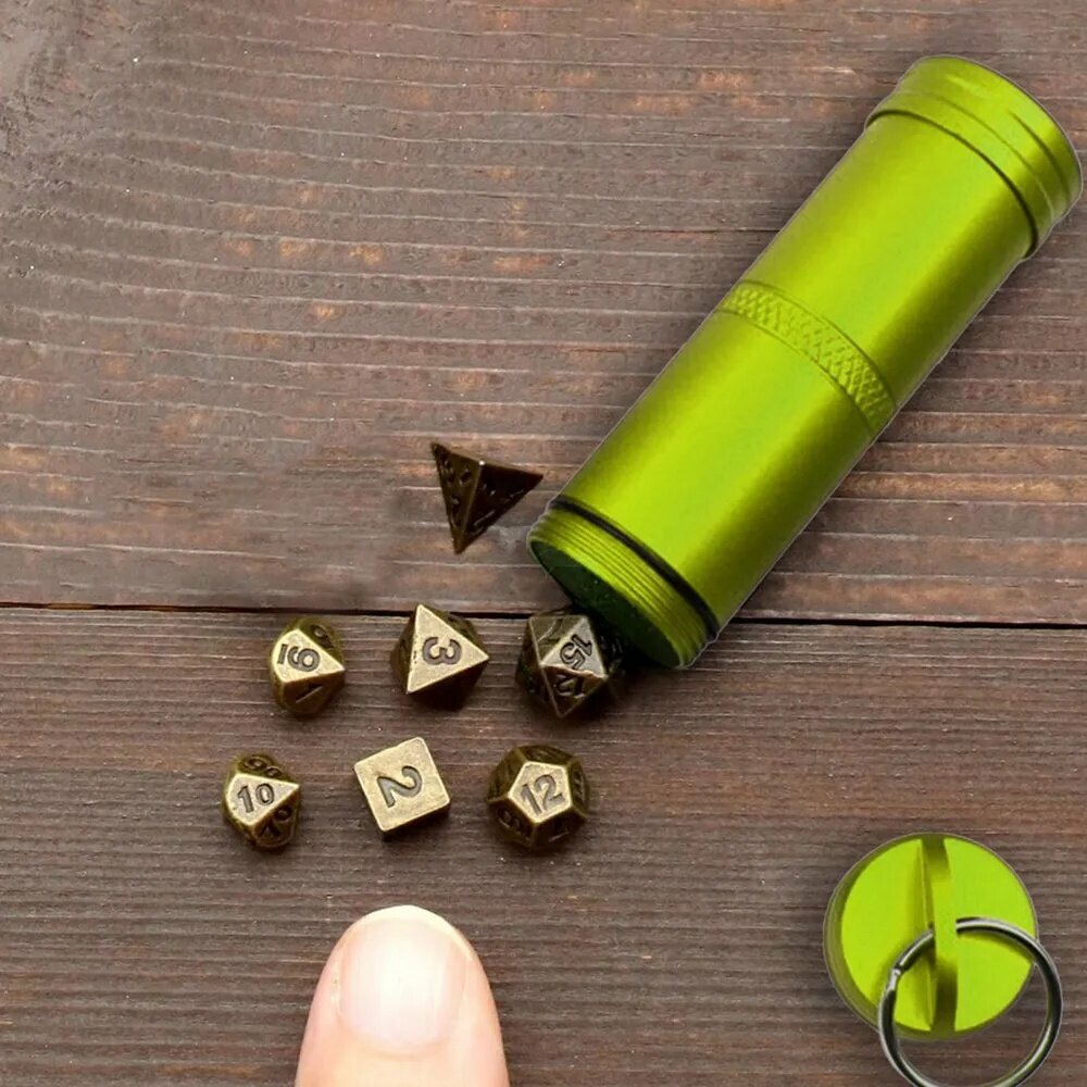 Кубики для DnD (ДнД) 7 шт Металлические, Мини Кости игральные Дайсы, Классический набор дайсов Dungeons & Dragons для ролевых игр, в комплекте с маленьким контейнером для удобной переноски