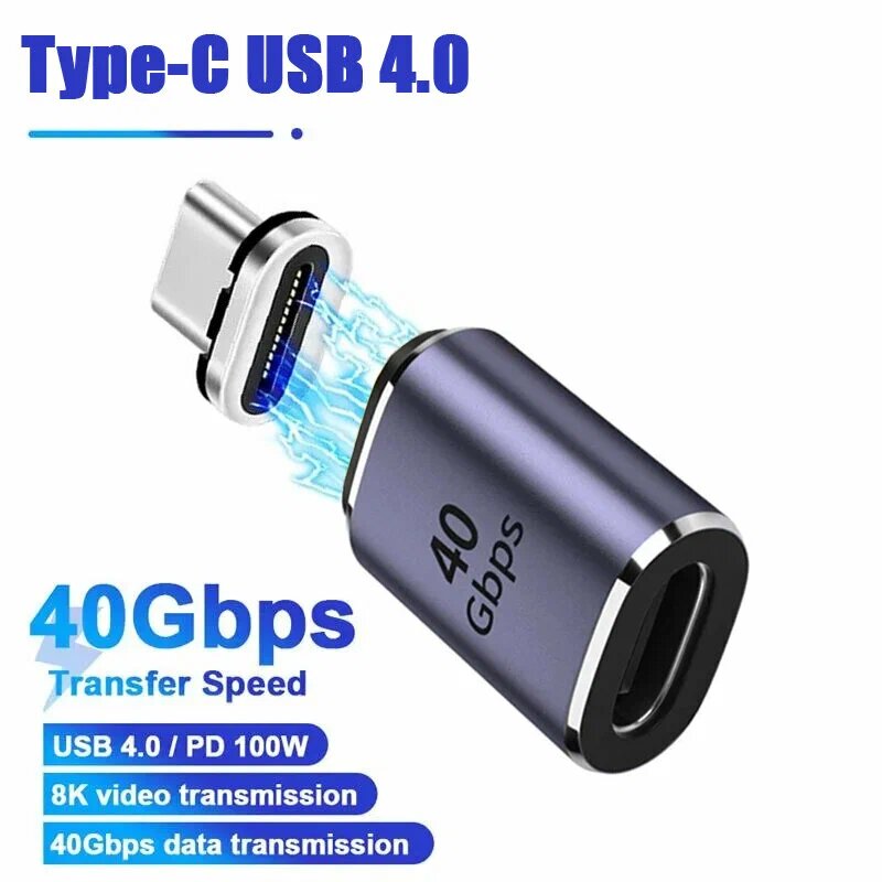 Магнитный адаптер USB-C 4.0, PD100W, 8K@60Hz, 40Gbps, прямой / Переходник (адаптер) магнитный (40 Гбит/с) USB Type-C4.0 24 pin PD100W с поддержкой быстрой зарядки