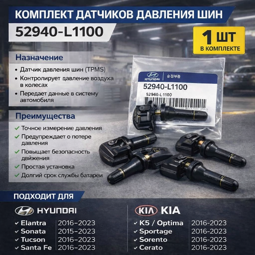 Комплект датчиков давления шин Hyundai Kia 52940L1100 1шт подходит: Elantra Sonata Tucson K5 Sportage Sorento