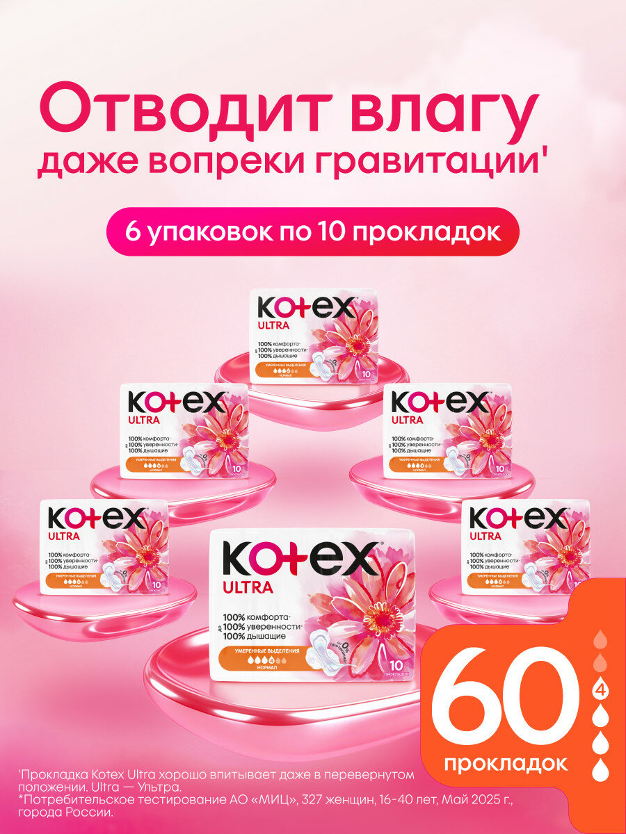 Прокладки гигиенические женские Kotex Ultra Нормал, мягкая сеточка, с крылышками, 60 шт