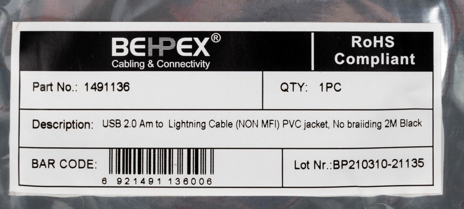 Кабель USB m-Lightning m, 2 м, черный — фото 1
